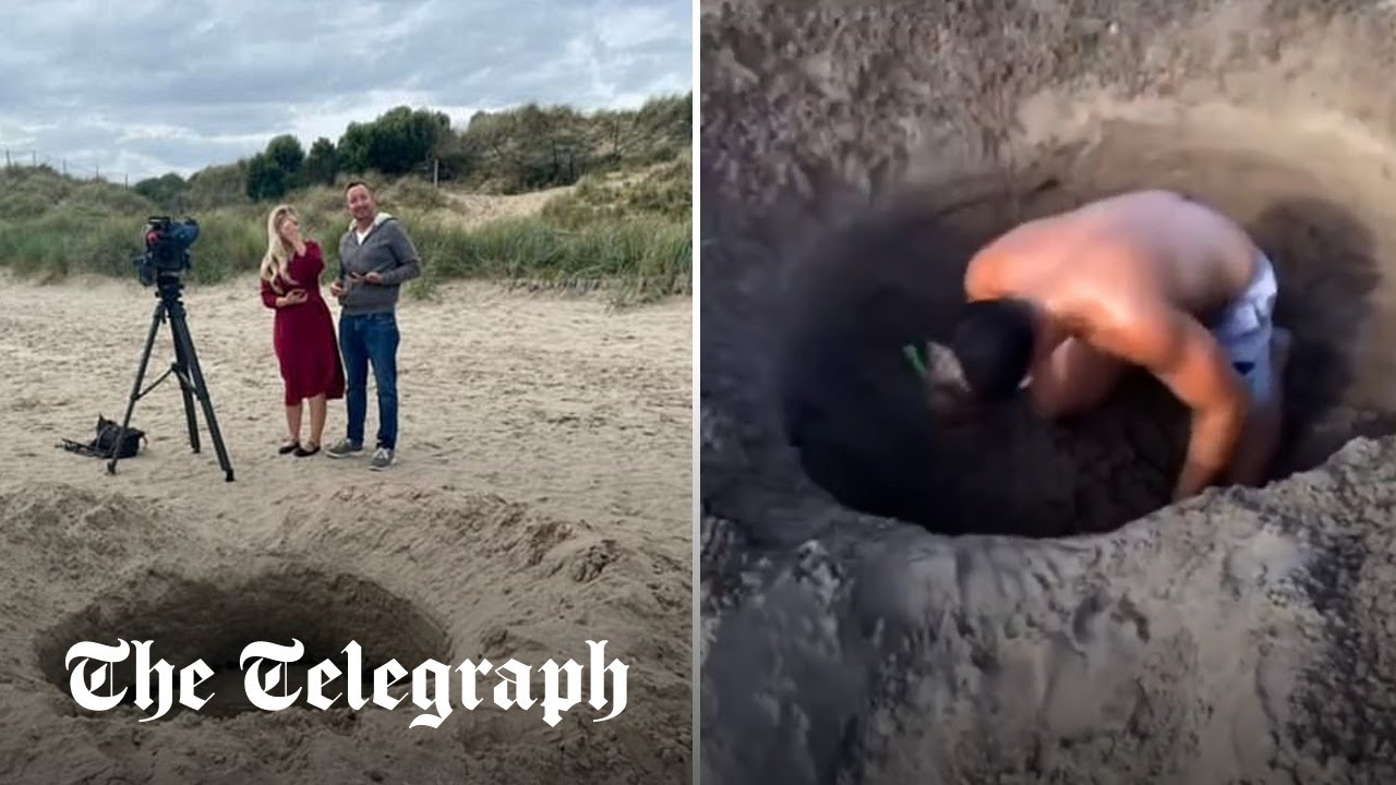 Irish TV reports on 'meteor crater' on Dublin beach - that was dug by sunbather