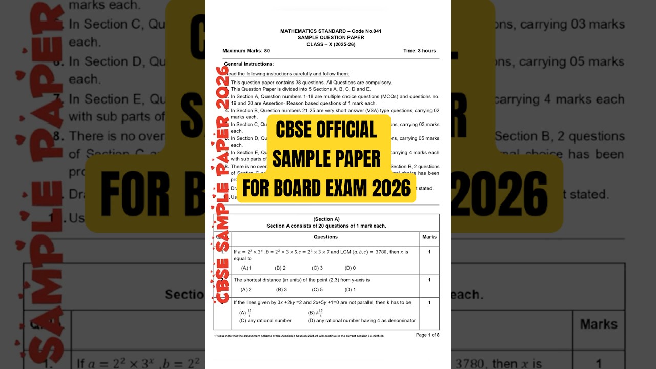 CBSE Official Sample Paper For Class 10 Maths For Board Exam 2026 #samplepapers #practicepapers