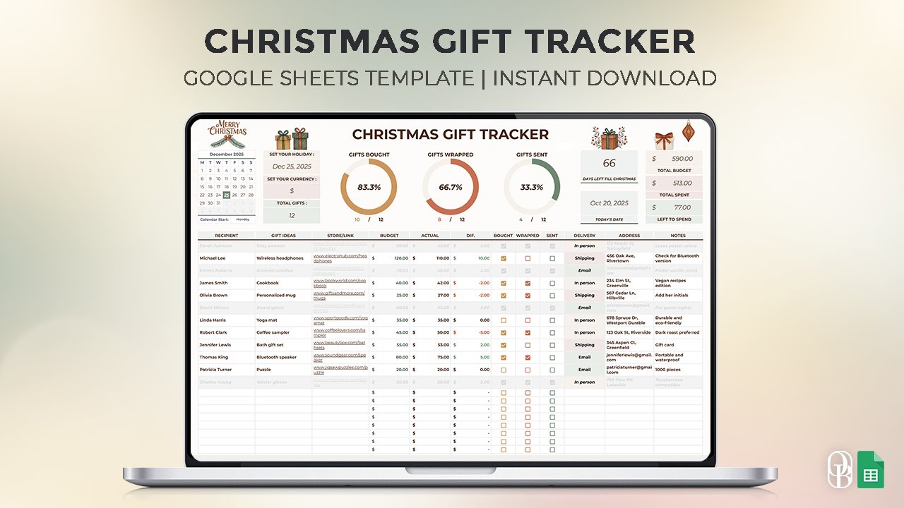 Christmas Gift Tracker - Excel and Google Sheets Template
