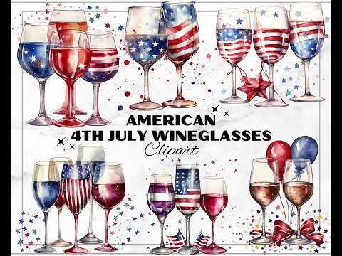 American 4th July Wineglasses, Wineglass Watercolor Clipart for T-Shirt Design, Wall Art, Invitation