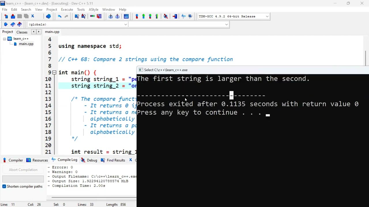 C++ 68: Compare 2 strings using the compare function