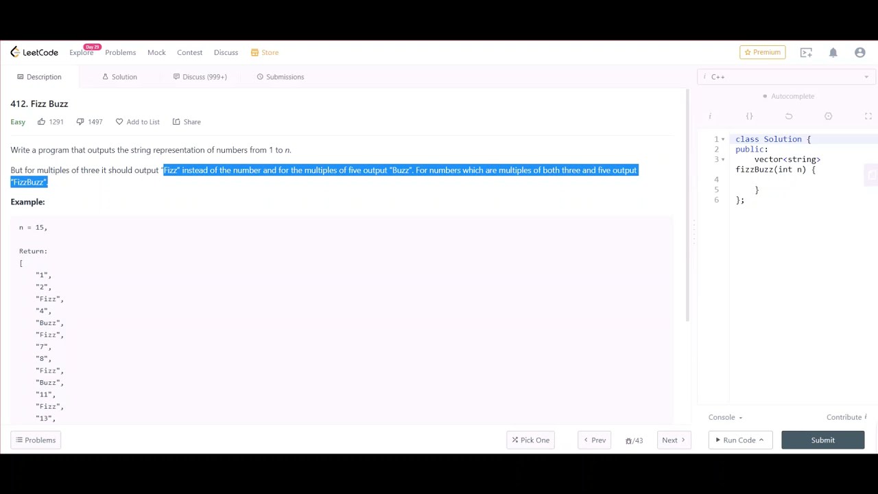 LeetCode Fizz Buzz problem solution and code | LeetCode | FizzBuzz |