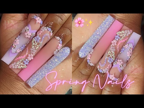 PINK & PURPLE SPRING NAILS πππΈ | 3D FLOWERS | FULL ACRYLIC NAIL TUTORIAL β¨