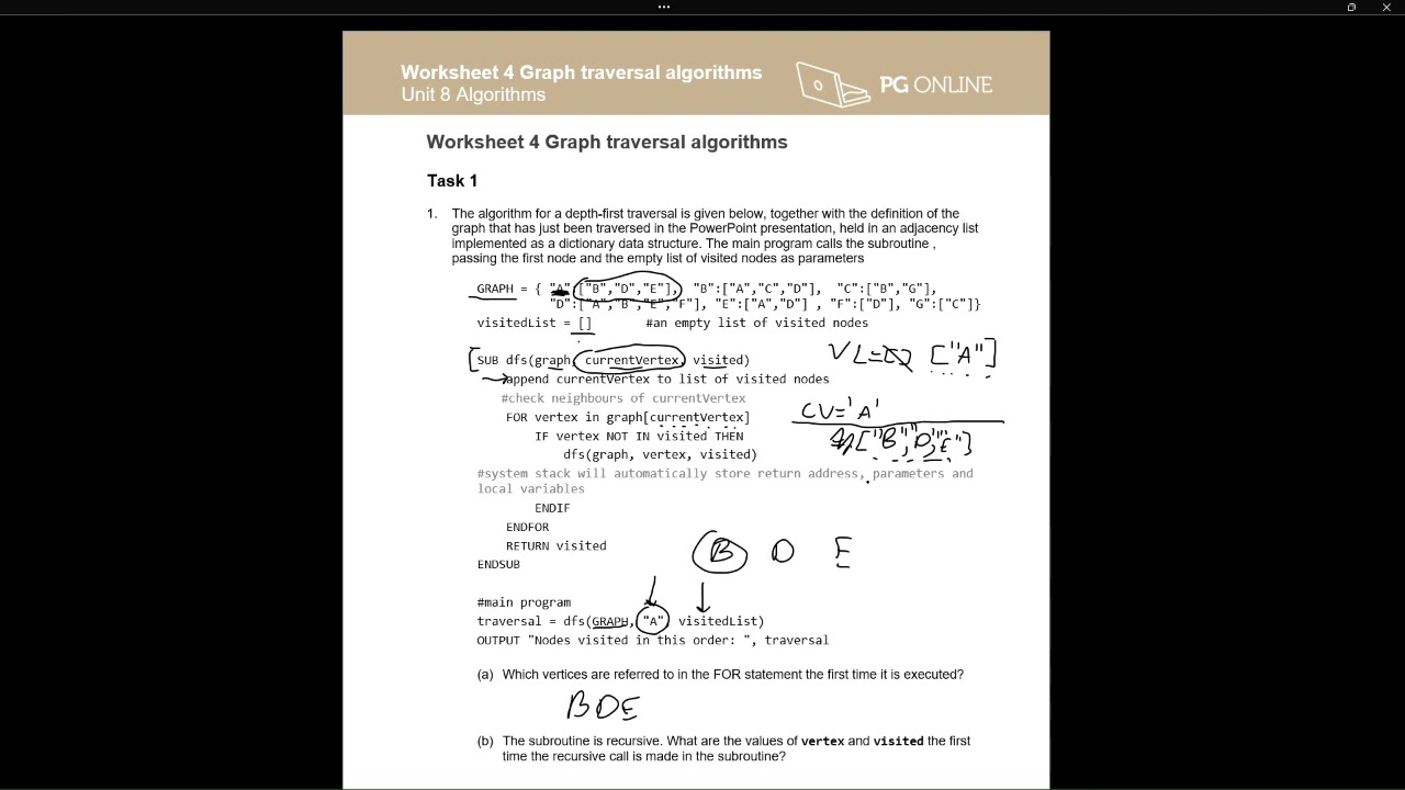 Q1 A Level Computer Science - Graph Traversal - DEPTH FIRST - AQA exam style question