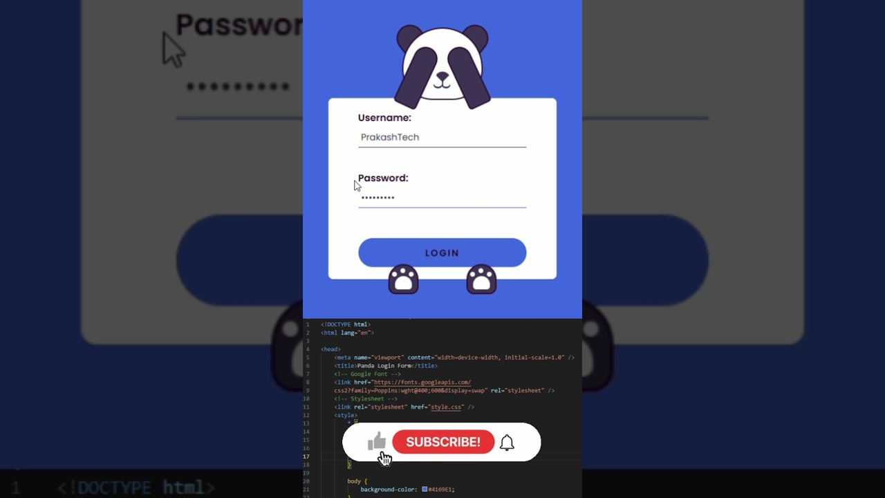 Cute Panda Login Form Animation| HTML CSS JavaScript | Interactive UI/UX Tutorial #shorts