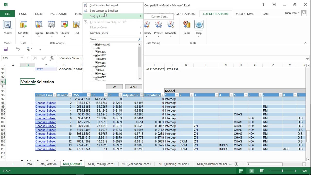 Constructing Multiple Linear Regression (MLR) Model Using Best Subset Selection (XLMiner)