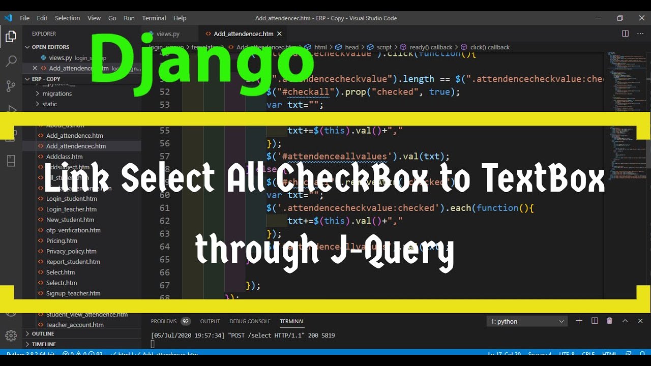 How to link Select-all Check Box to Text Box in Django through J-Query