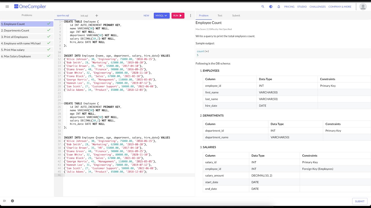 Creating Database challenges in OneCompiler