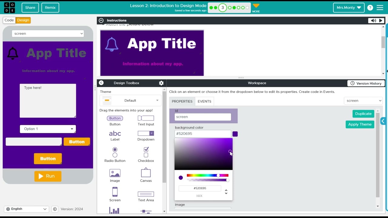 Code.org Computer Science Principles Unit 3: Lesson 2 -  Intro to Design Mode