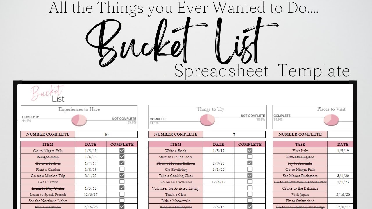 Bucket List Excel Template Bucket List Template Excel Spreadsheet Google Sheets Life Goals Checklist