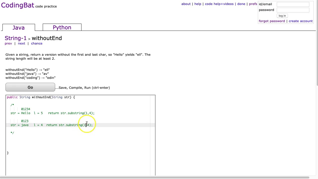 Codingbat - withoutEnd (Java)