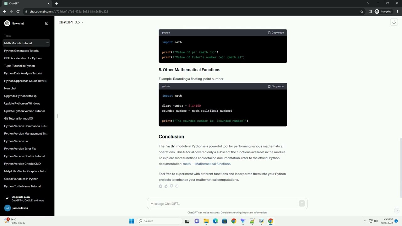 use of math module in python