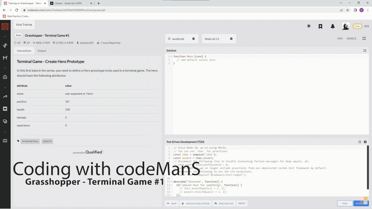 (Archived) Codewars 8 kyu Grasshopper - Terminal Game #1 JavaScript