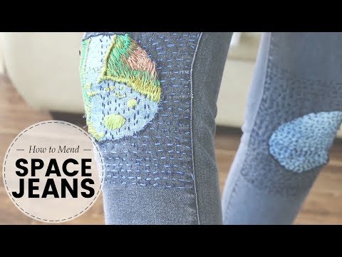 How to mend JEANS by HAND EMBROIDERY | Planet knees design idea | Last Minute Laura