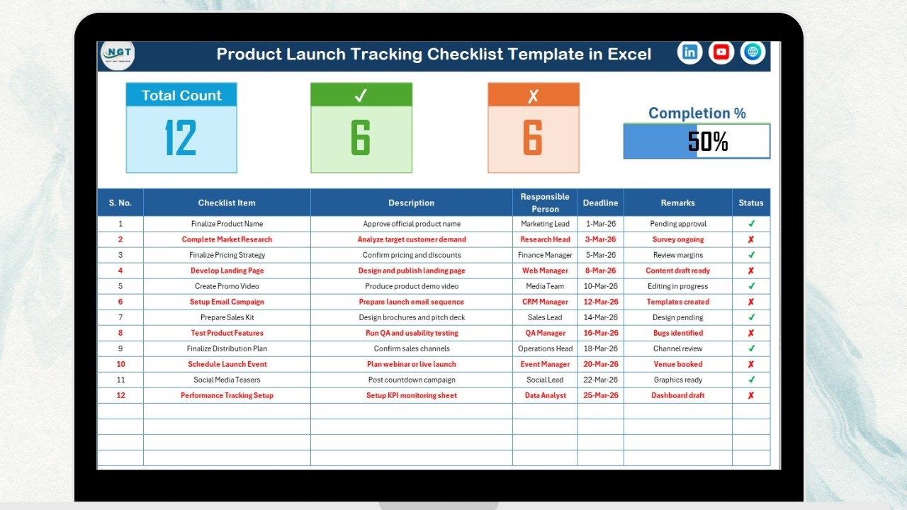 Product Launch Tracking Checklist in Excel