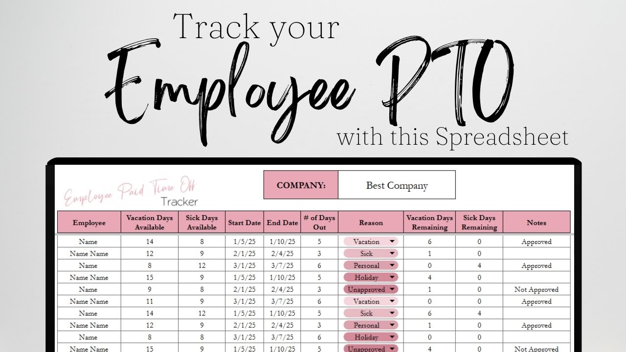 PTO Tracker Google Sheets Template, Employee PTO, HR Spreadsheet, Paid Time Off Tracking Excel