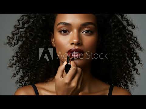 Model applies bold lipstick while showcasing a modern beauty look - Stock Footage