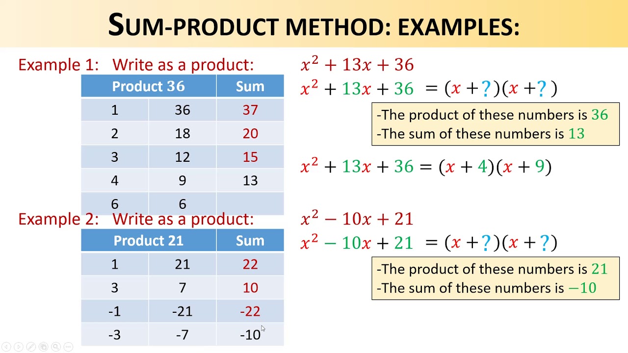 Quadratic equations using factorization: 4) Sum-product method