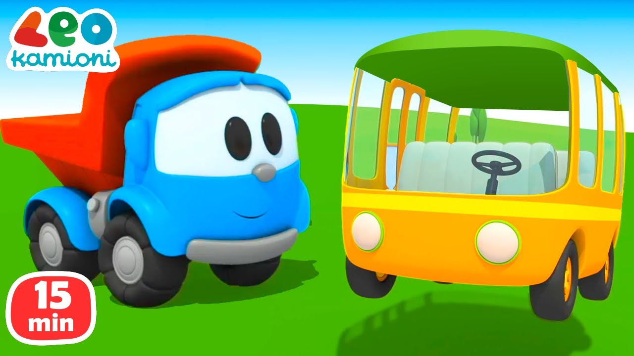 Leo kamioni ndërton një autobus shkolle të verdhë për fëmijë. Film vizatimor me makina