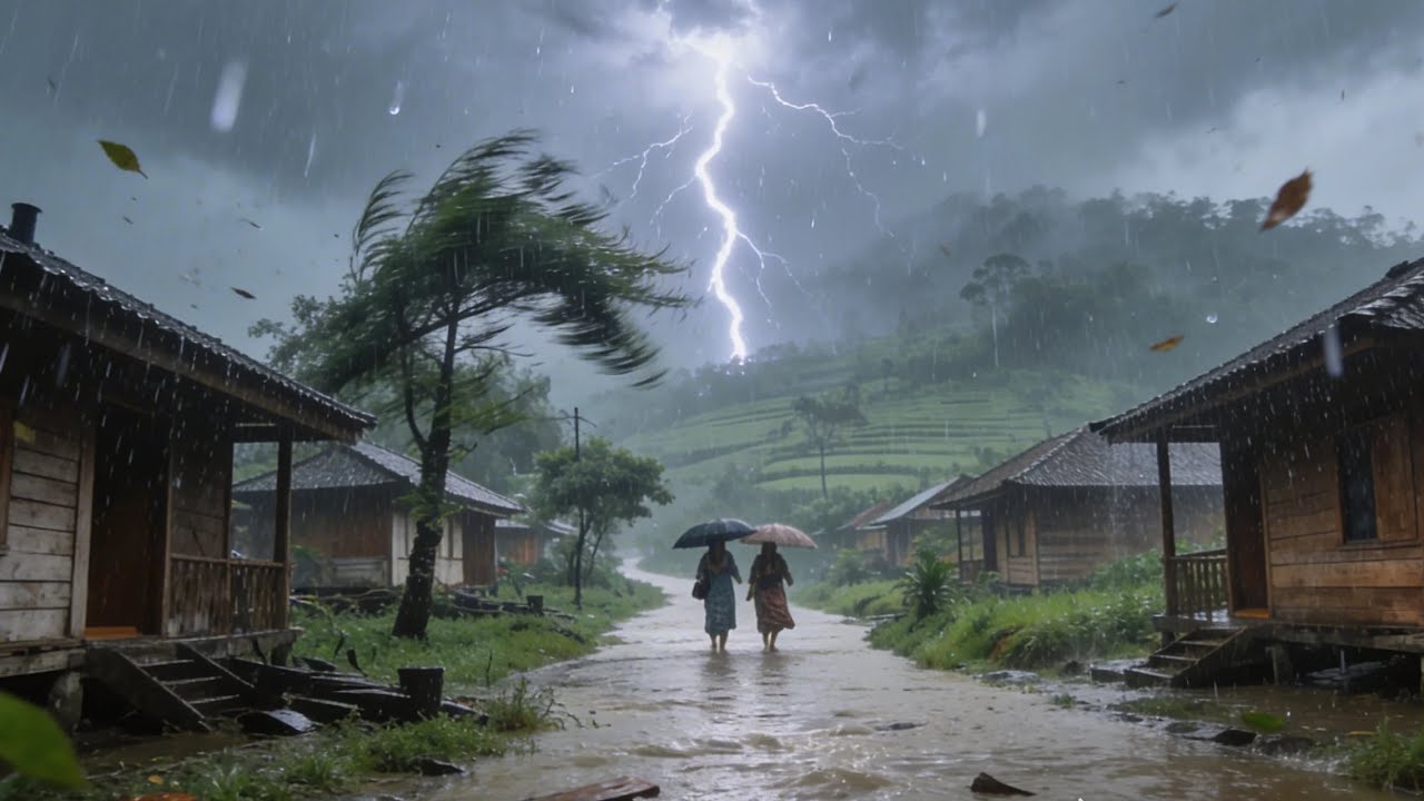 🔴LIVE Heavy rain and thunderstorms in beautiful small villages||Indonesian Village atmosphere