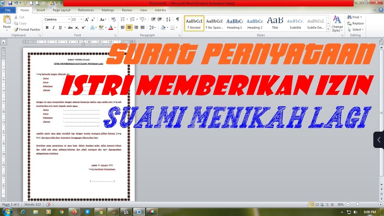 SURAT PERNYATAAN ISTRI MEMBERIKAN IZIN SUAMI MENIKAH LAGI