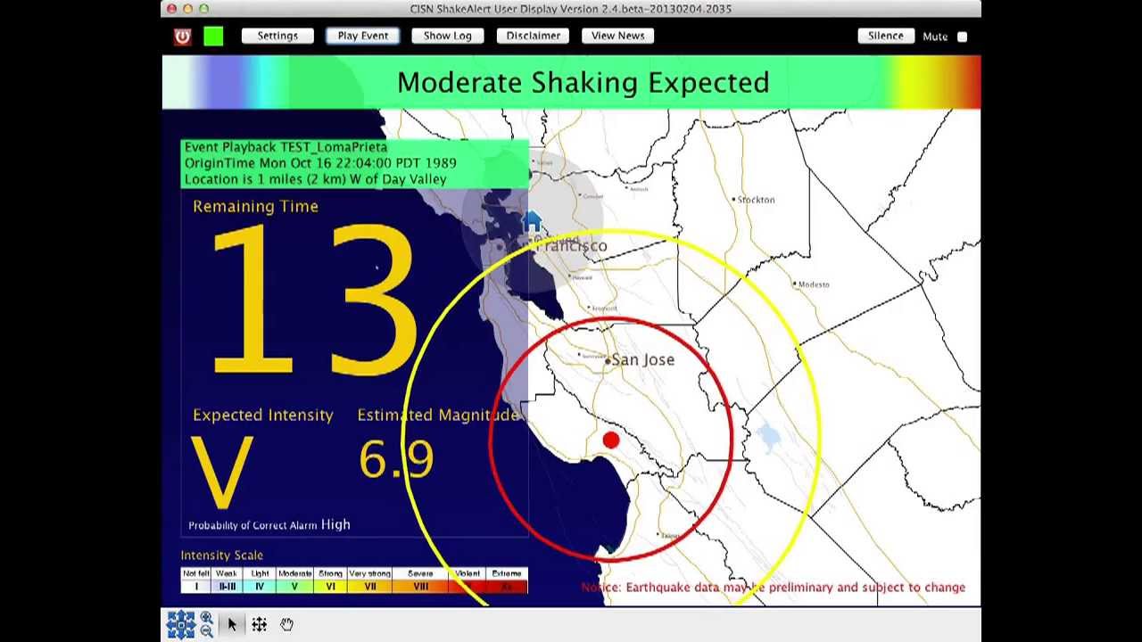 ShakeAlert: Earthquake early warning simulation for Loma Prieta