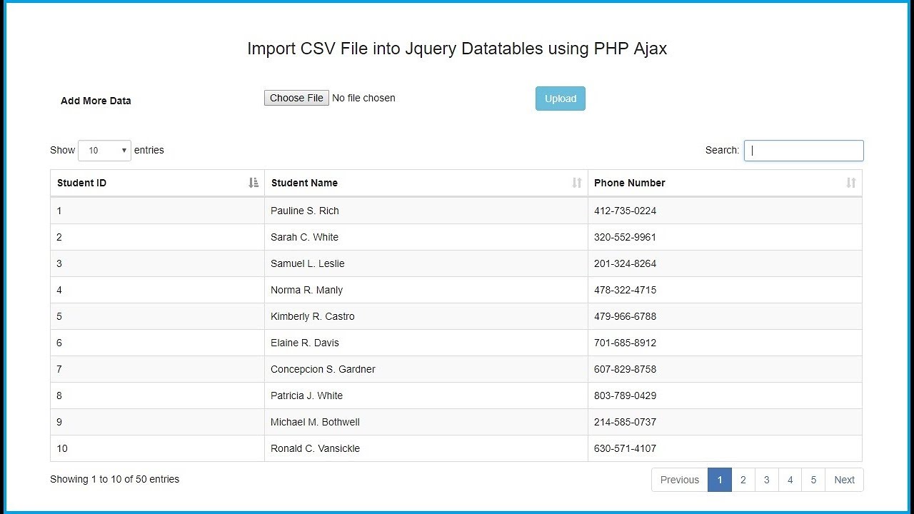 Import CSV File into Jquery Datatables using PHP Ajax