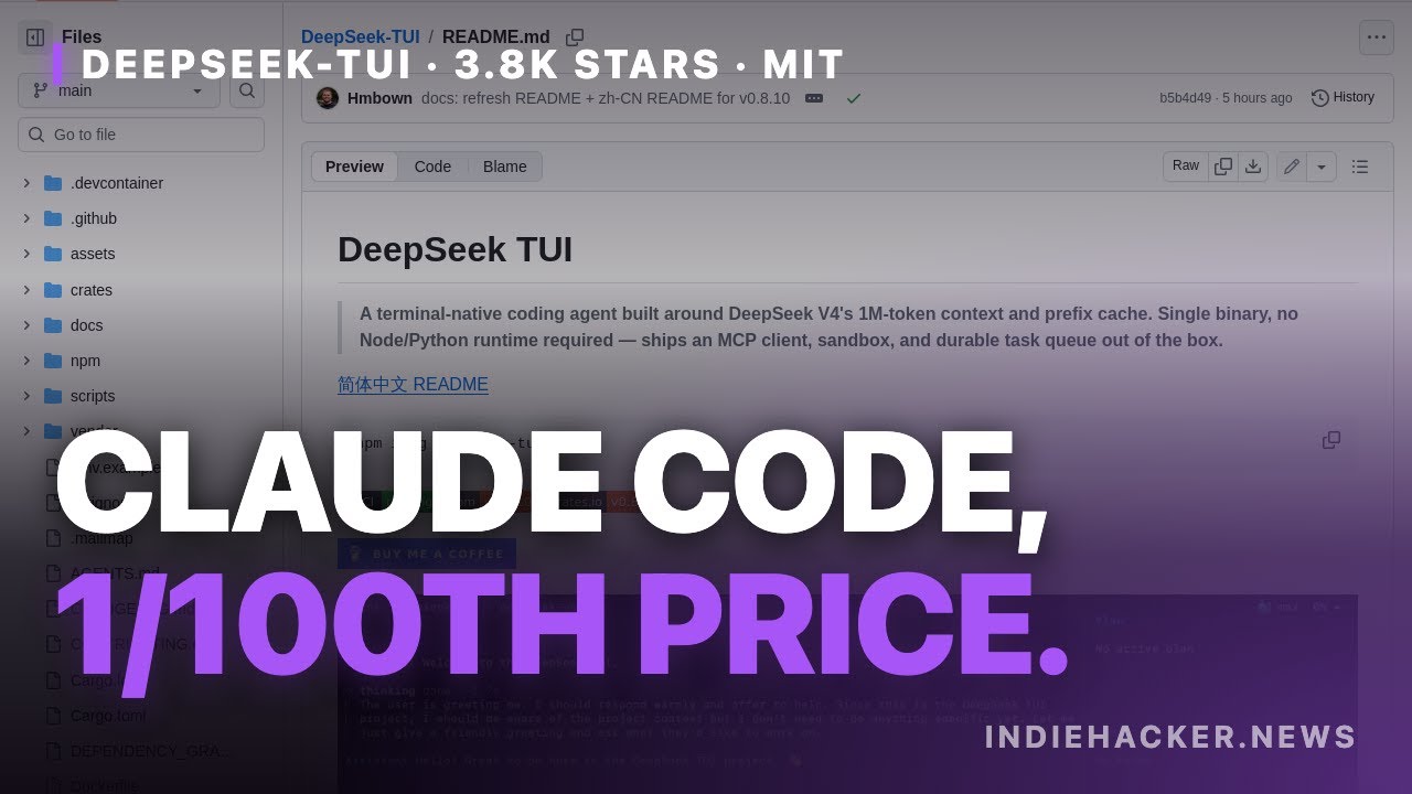 Claude Code at 1/100th the price (3.8k-star DeepSeek agent)