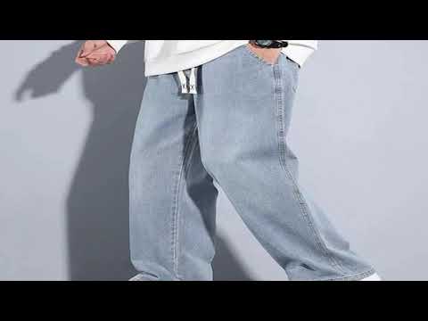 Men's Trendy Wide-leg Pants Baggy Jeans Straight Elastic Waist Fashion Washed Denim Trousers Streetw