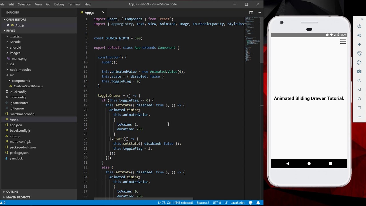React Native Custom Animated Sliding Drawer Example