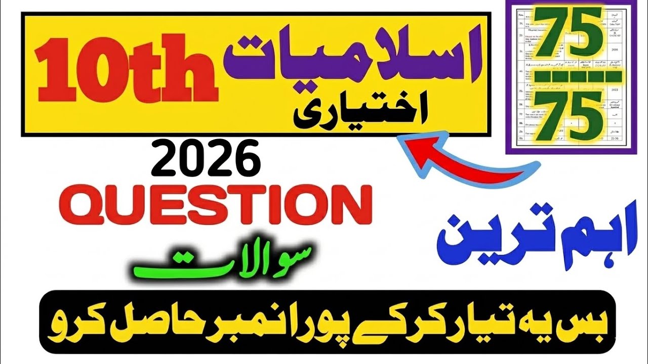class 10th islamiat elective guess paper 2026 | 10th class islamiat ikhtiari imp questions 2026