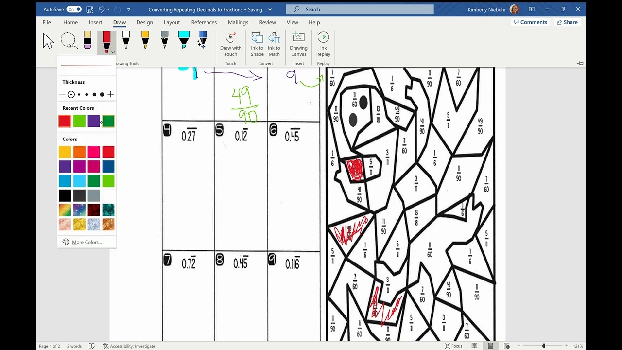 Convert Repeating Decimals to Fractions     Color the solution