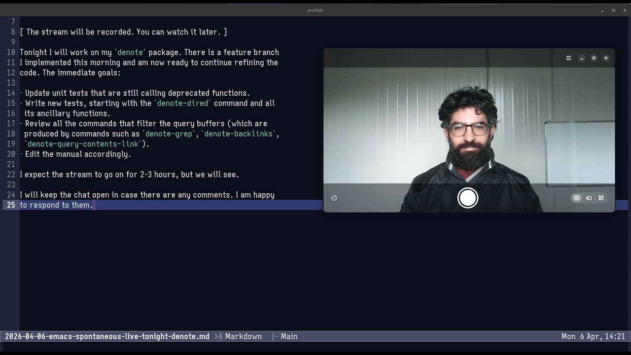 Emacs: live stream for writing Denote tests and more