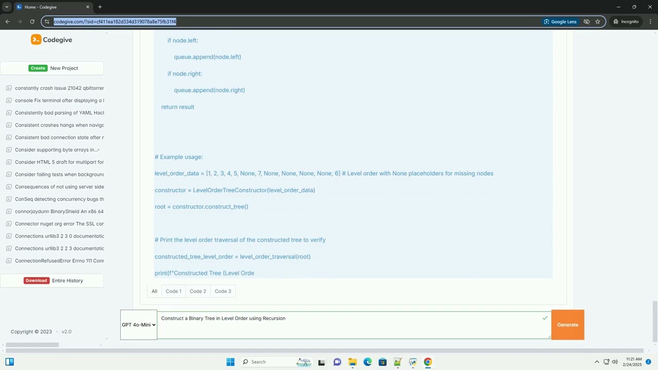 construct a binary tree in level order using recursion