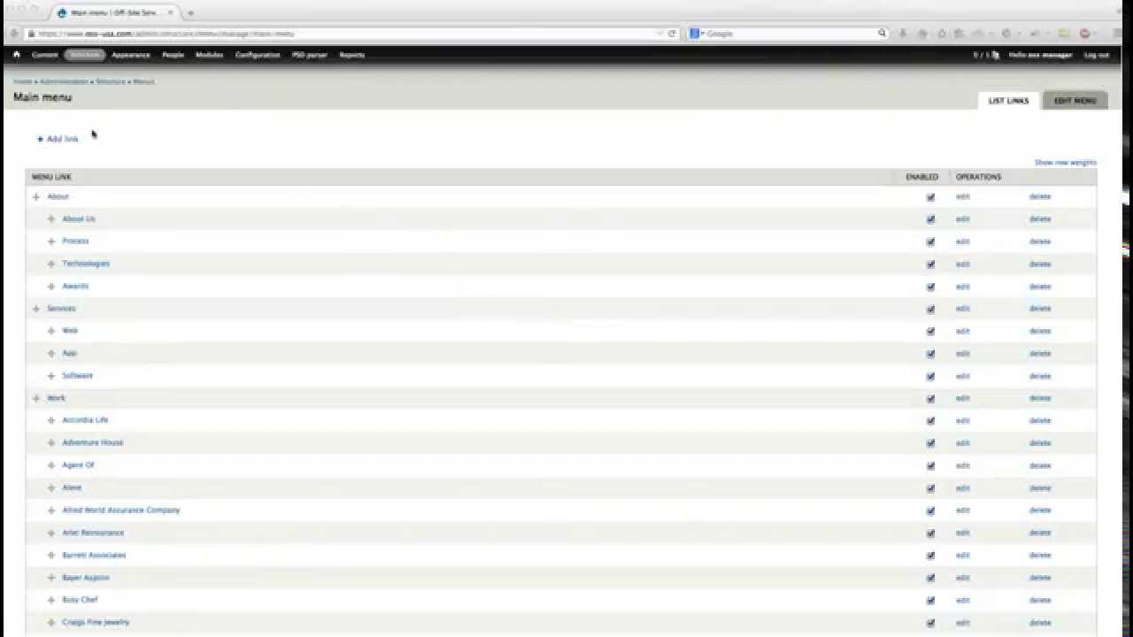 Drupal CMS, editing menu