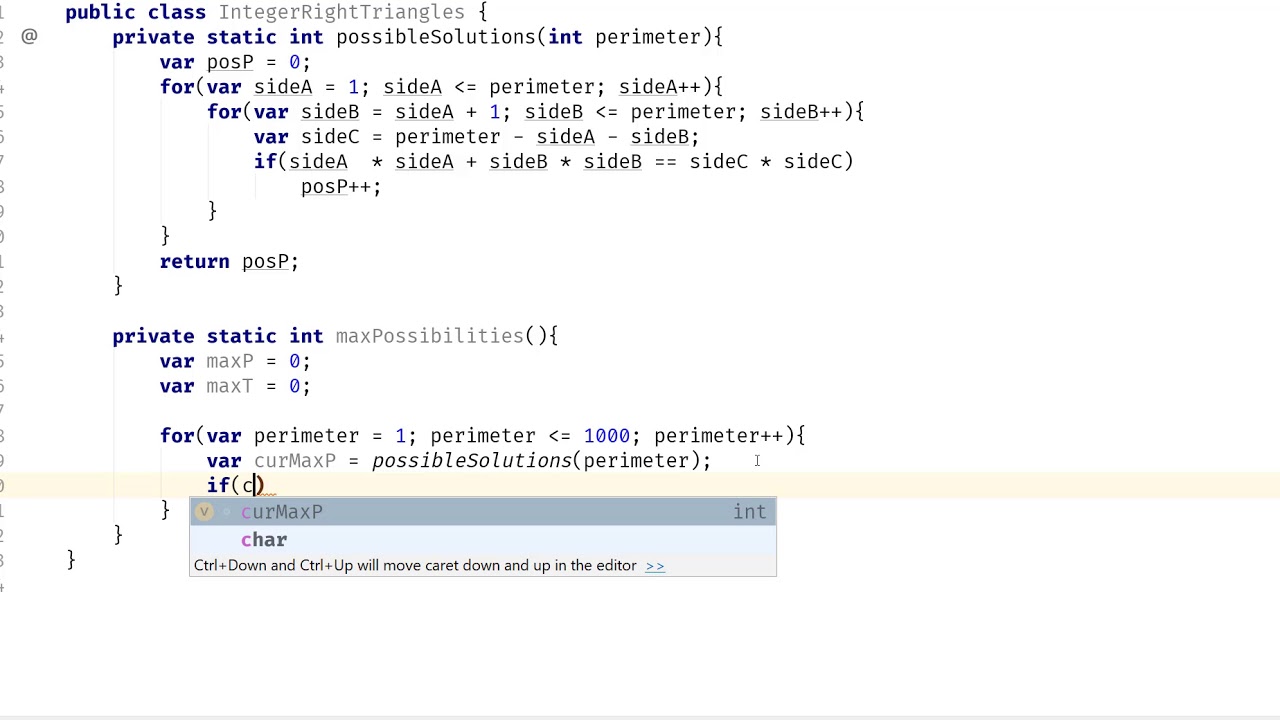Project Euler problem 39 || Integer right triangles || Java programming language