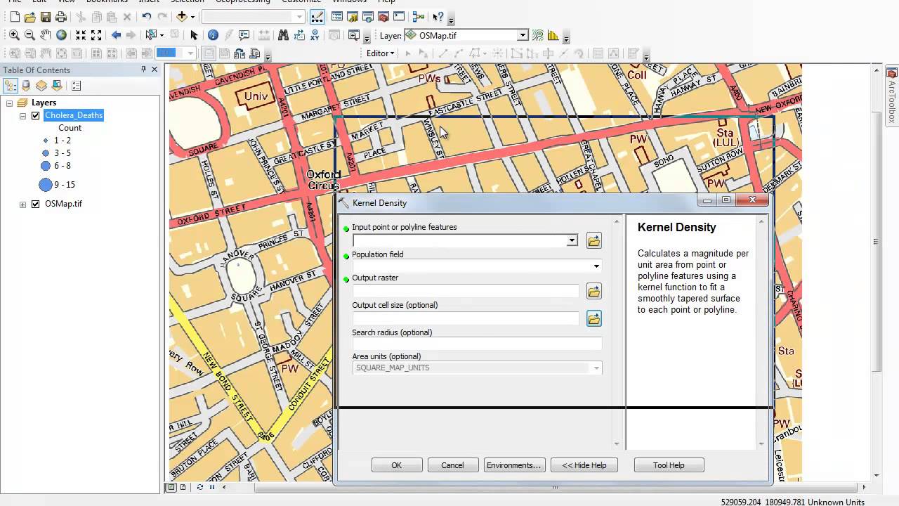 GIS Tutorial: Kernel Density Analysis (Cholera example)