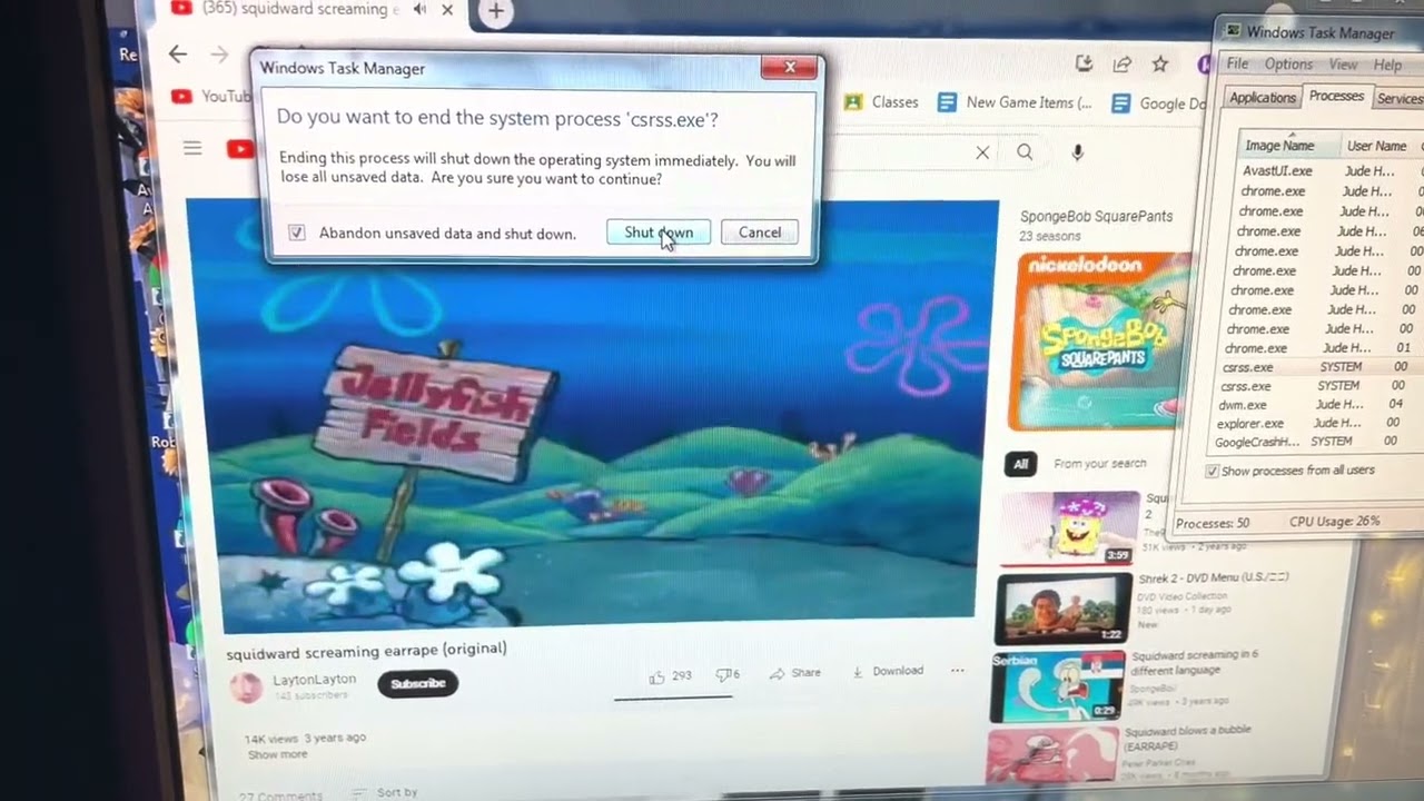 Squidward screaming earrape has BSOD