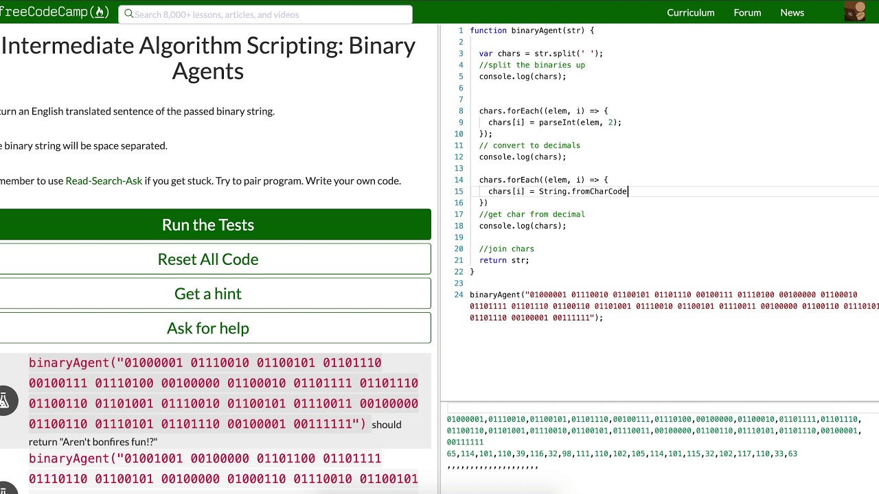 Lets play Free code camp: Intermediate Algorithm Scripting: Binary Agents