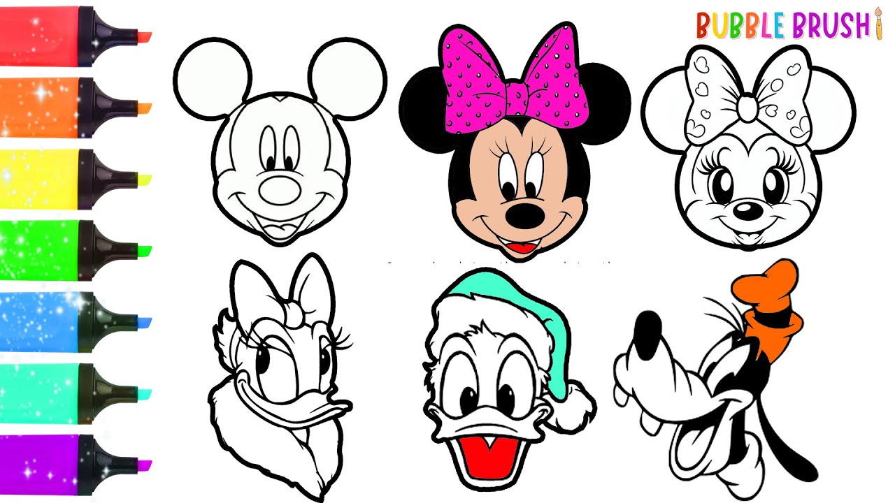 Mickey Mouse face coloring pages. Minnie Mouse characters painting for kids. 🌈🐭🦆🐶 BUBBLE BRUSH