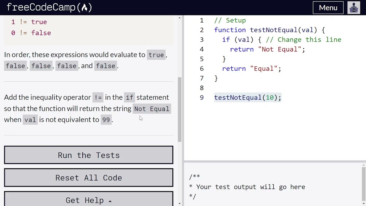 Comparison with the inequality operator - freeCodeCamp | Video 63 | Basic JavaScript