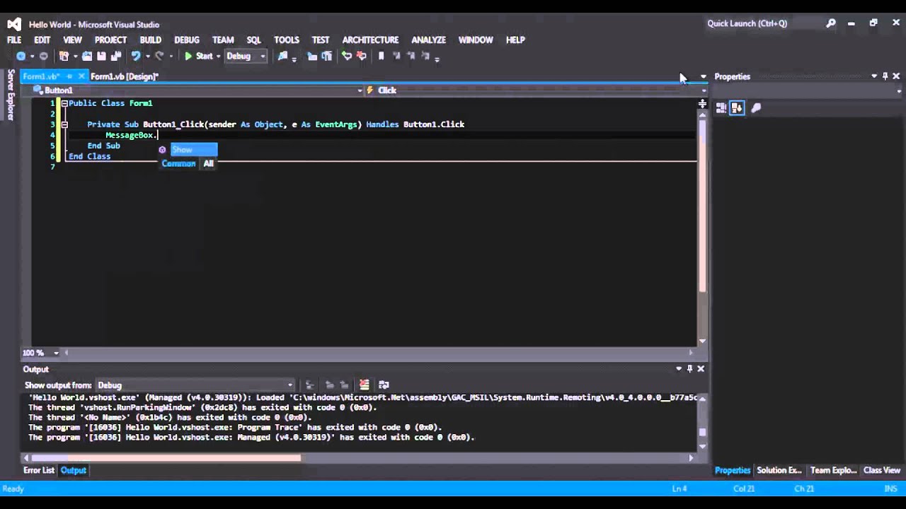 Lesson 1: Hello World - MessageBox & MessageBox Properties (VB.net)