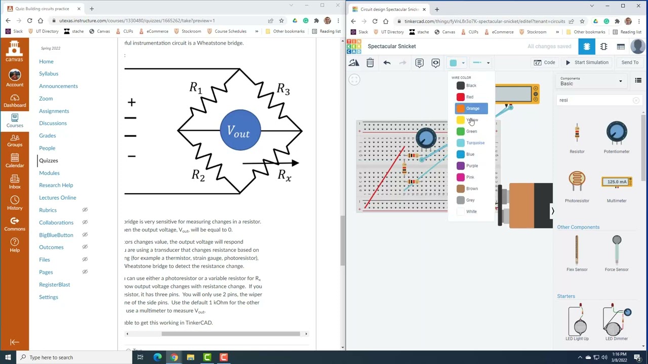 Practice circuit: making a Wheatstone bridge in TinkerCAD