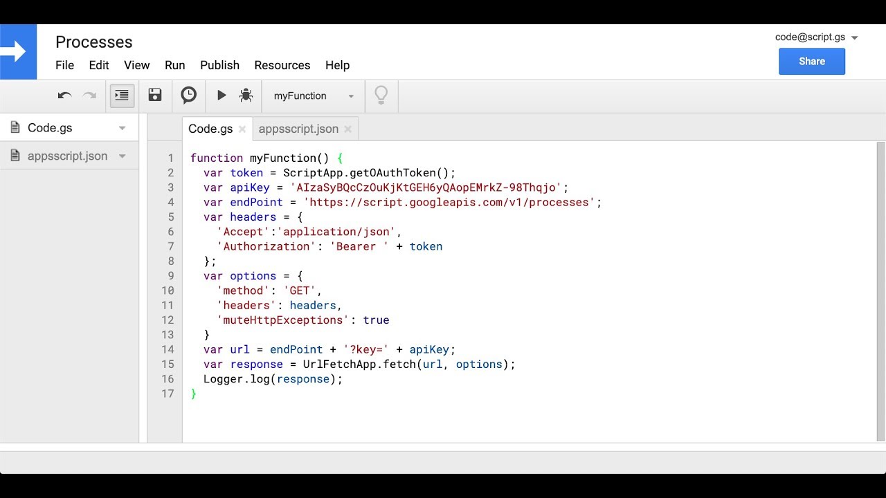 how to trigger google apps script rest api from browser editor