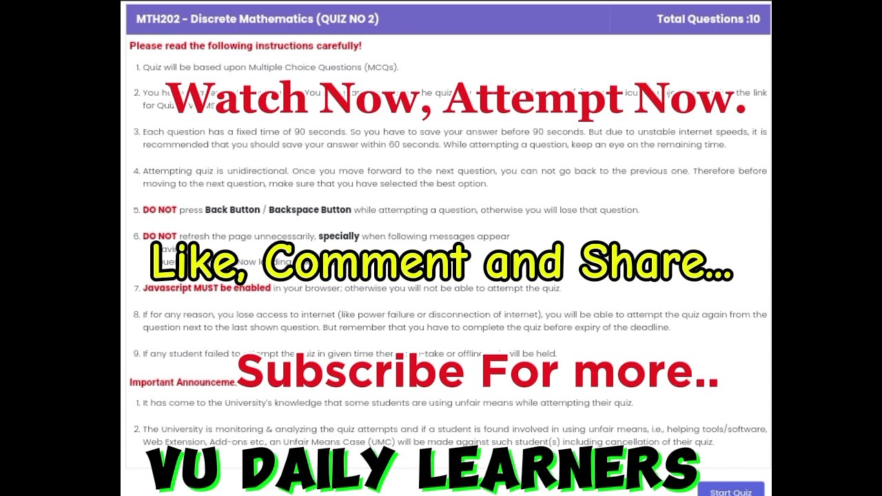 MTH202 - Discrete Mathematics (QUIZ NO 2) || Spring2024 || Mth202 midterm quizzes|| VUDAILYLEARNERS