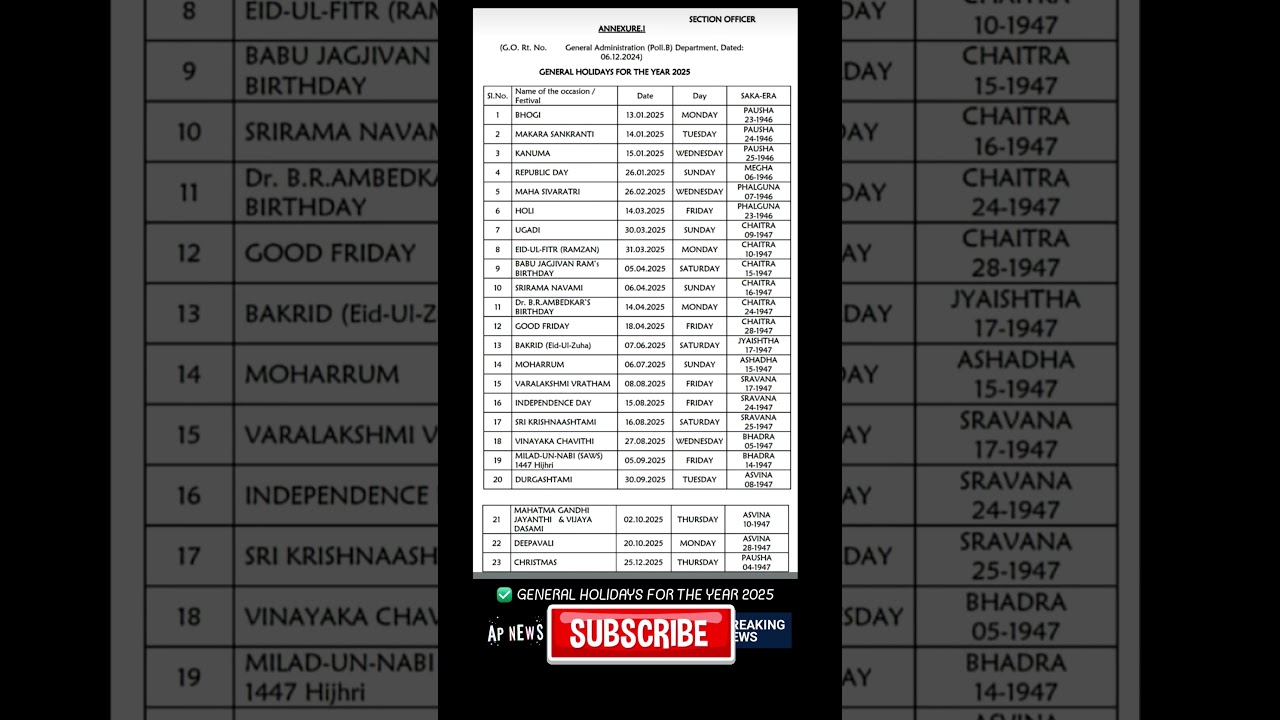 General Holidays For the Year 2025