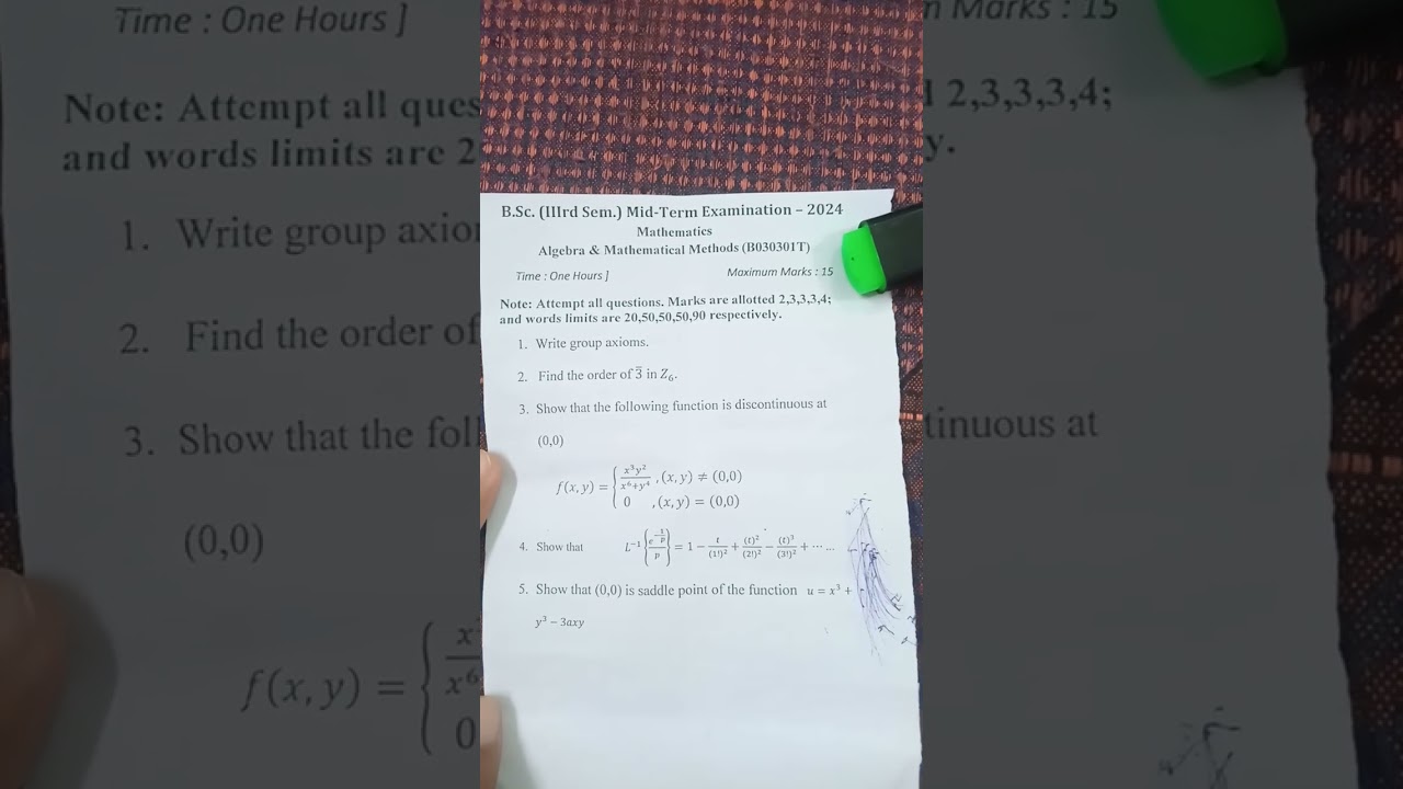 B.Sc 3rd sem maths mid term exam algebra and mathematical methods question paper || #shorts #math