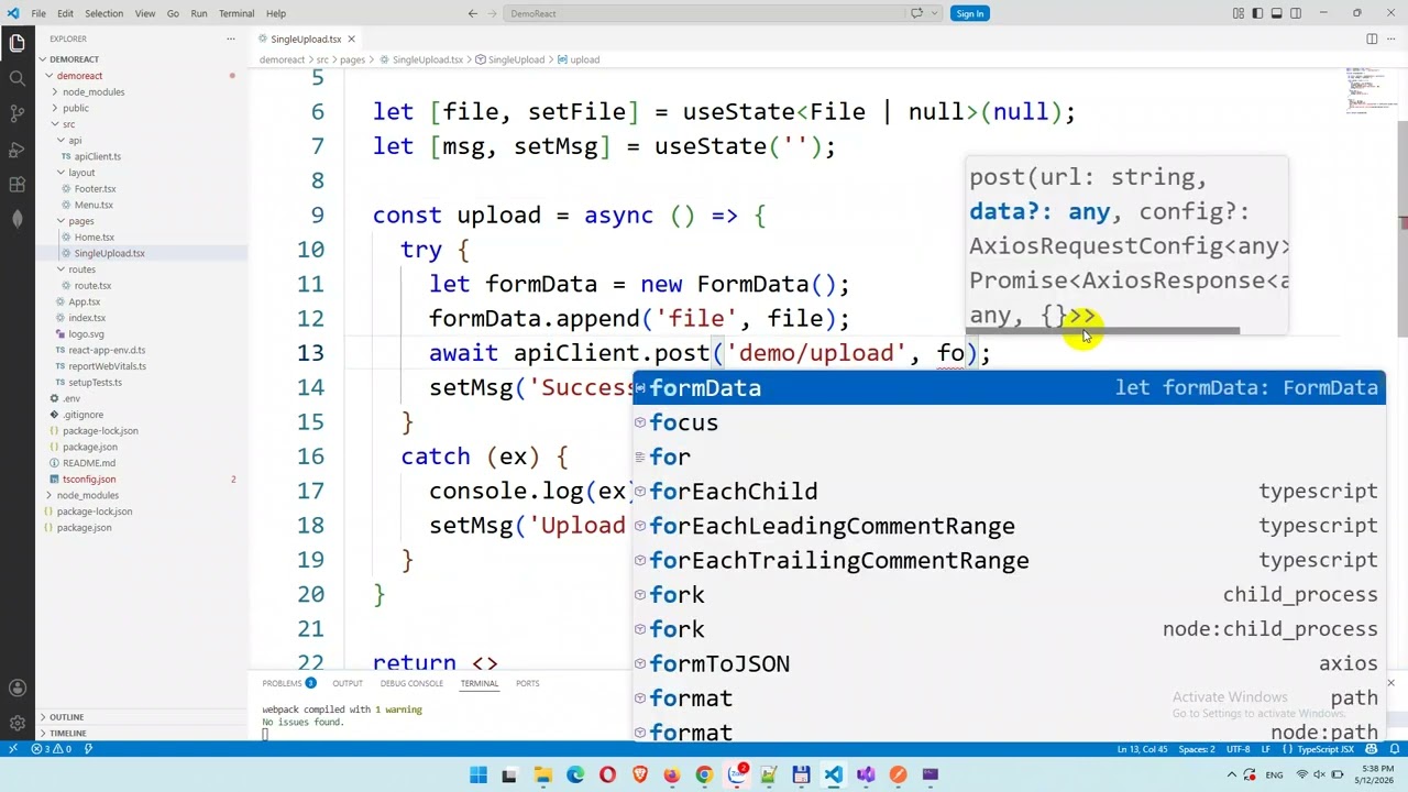 Upload Single & Multiple Files with Axios in React TypeScript and ASP.NET Core Web API - Part 2