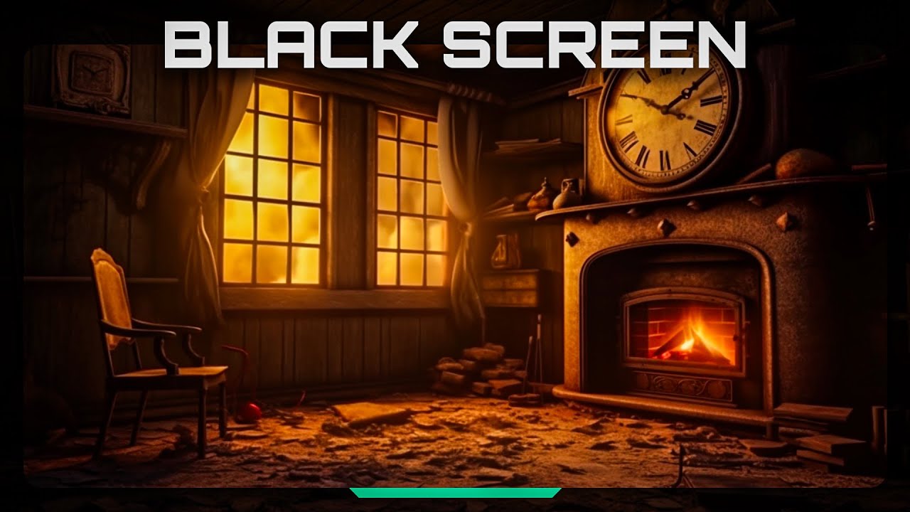 Black Screen Fireplace, Clock Ticking with Thunder, Howling Wind Sounds in Cozy Cabin Dark Screen