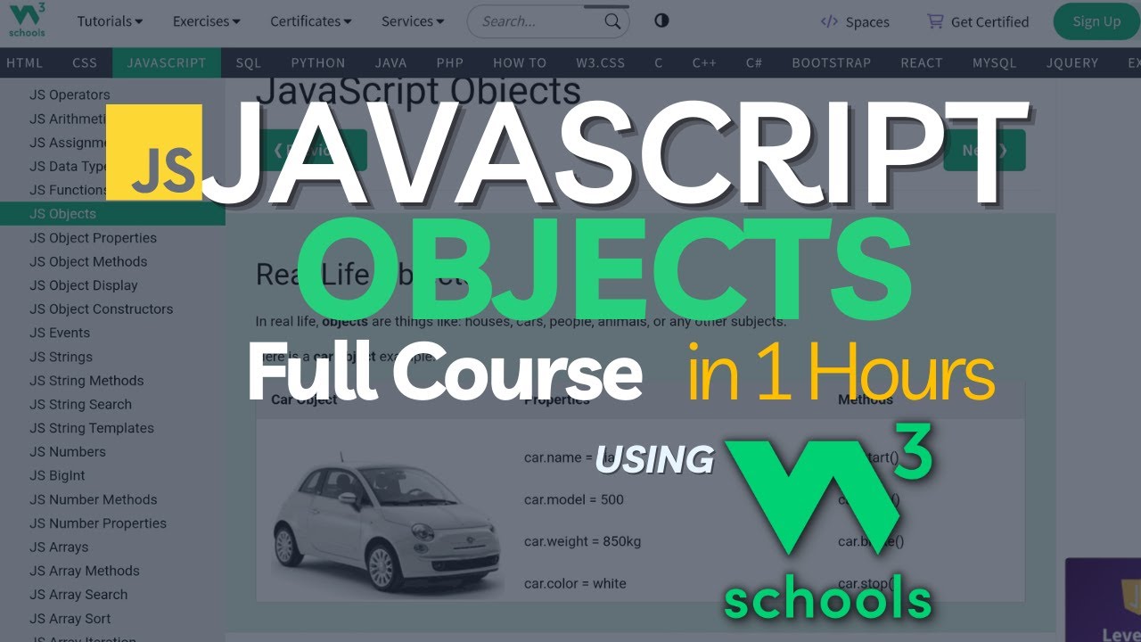 W3Schools JavaScript Objects Full Course in 1 Hour | JavaScript Objects using W3Schools